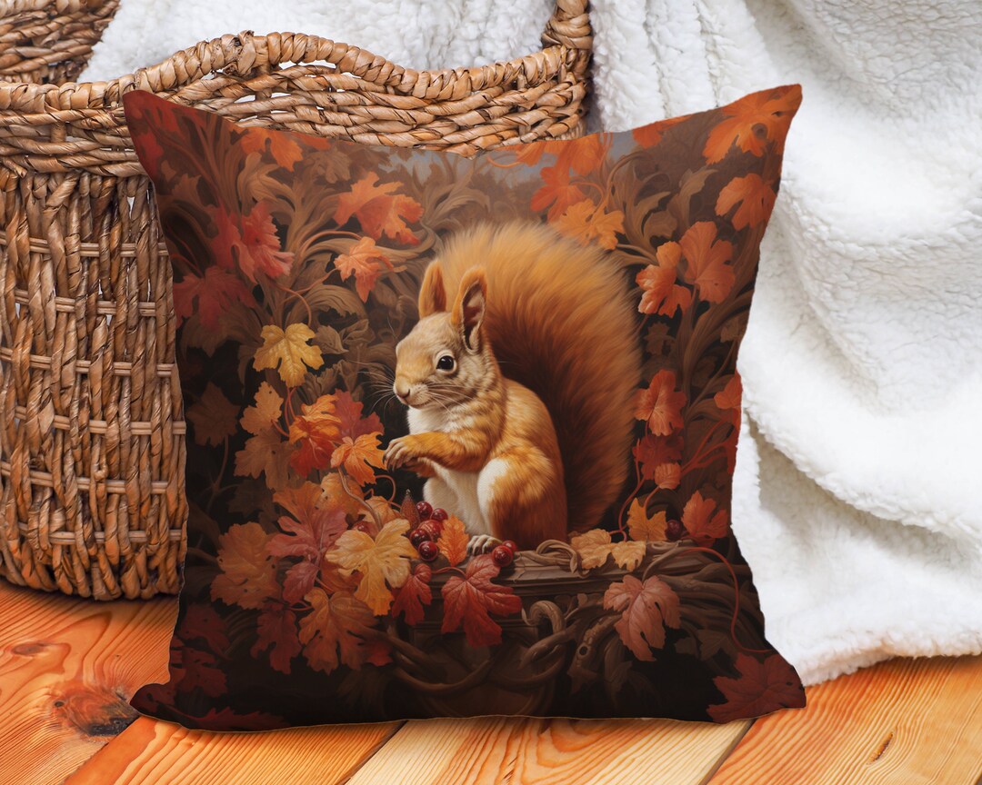 Squirrel Pillow: Vintage Autumn Floral Scene, Thanksgiving Decor ...