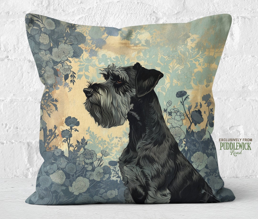Miniature Schnauzer Pillow: Teal Floral Botanical Cushion, Schnauzer ...