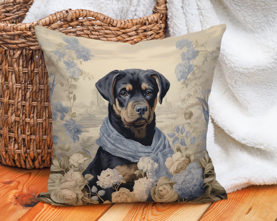 Charming Rottweiler Pillow, Gentle Gaze, Delicate Champagne & Blue ...
