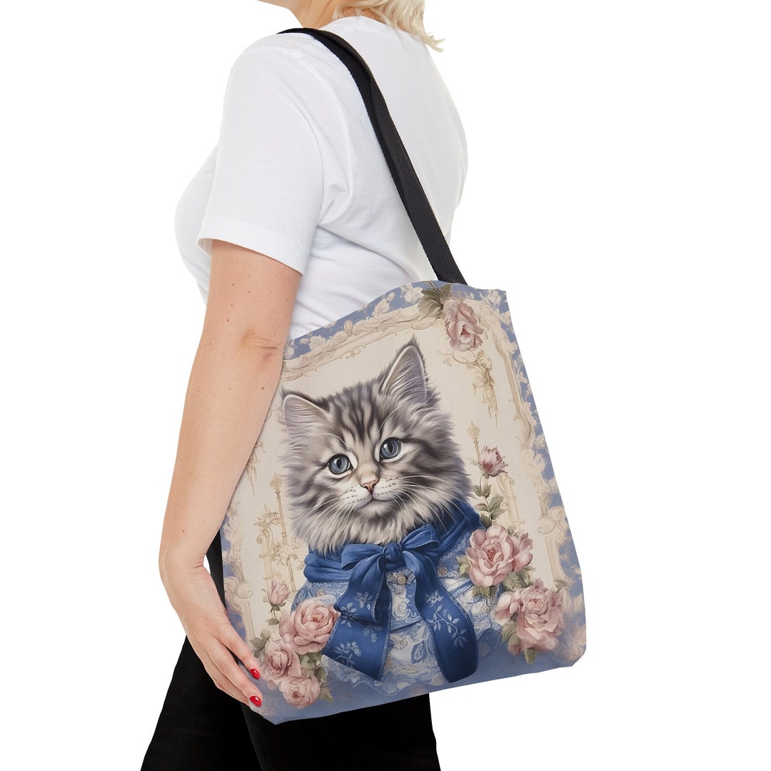 Fluffy Kitten Tote Bag, Grey Cat With Blue Bow, Floral Carryall ...