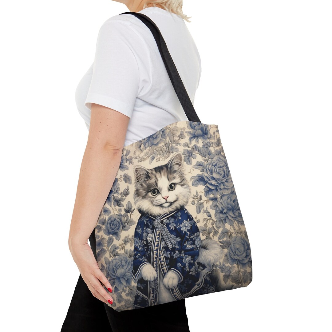 Charming Blue Floral Kitten Tote Regal Cat & Blue Roses, Vintage ...