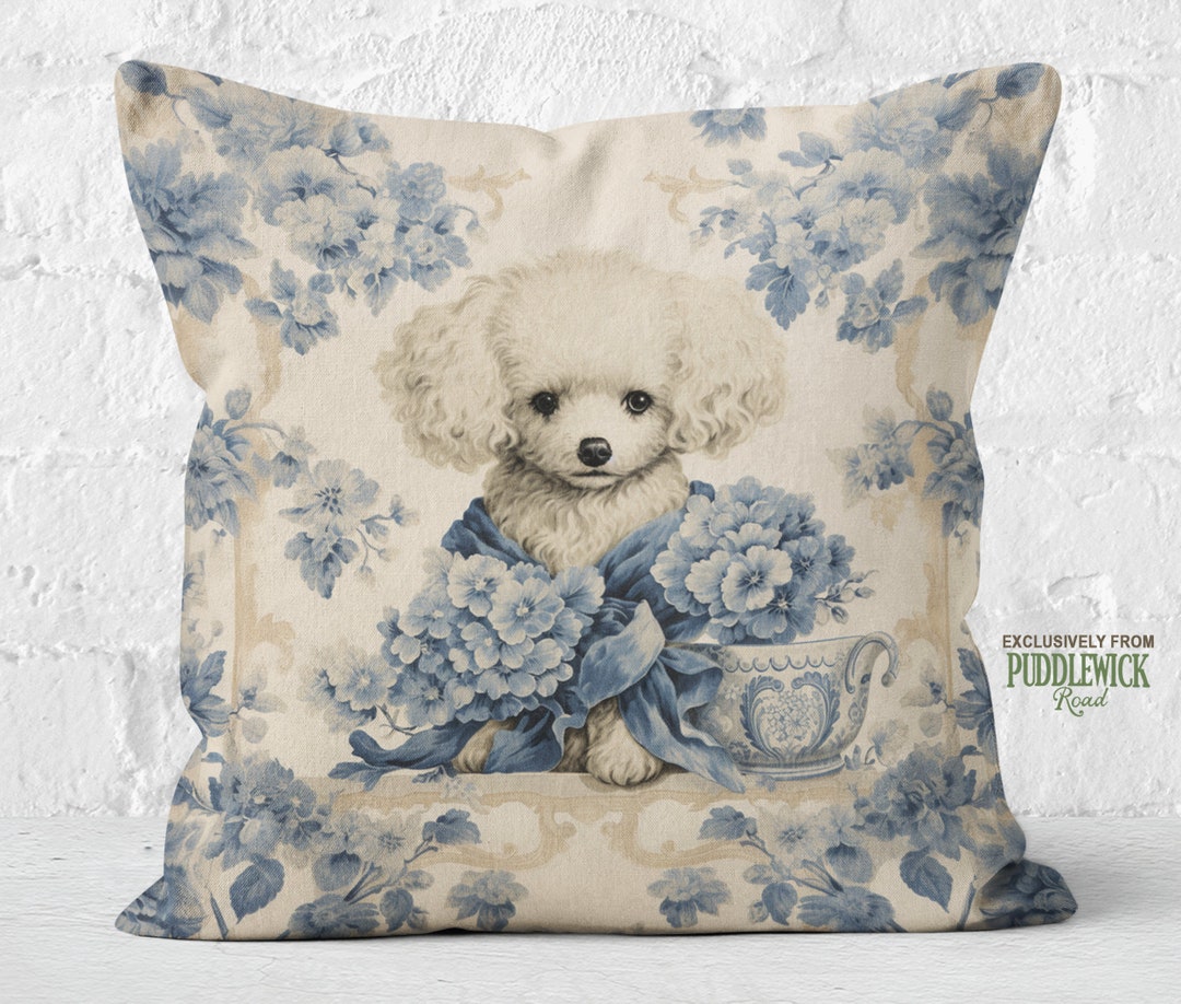 Blue Hydrangea Poodle Elegance Pillow, Creamy Florals and Chic, Poodle ...