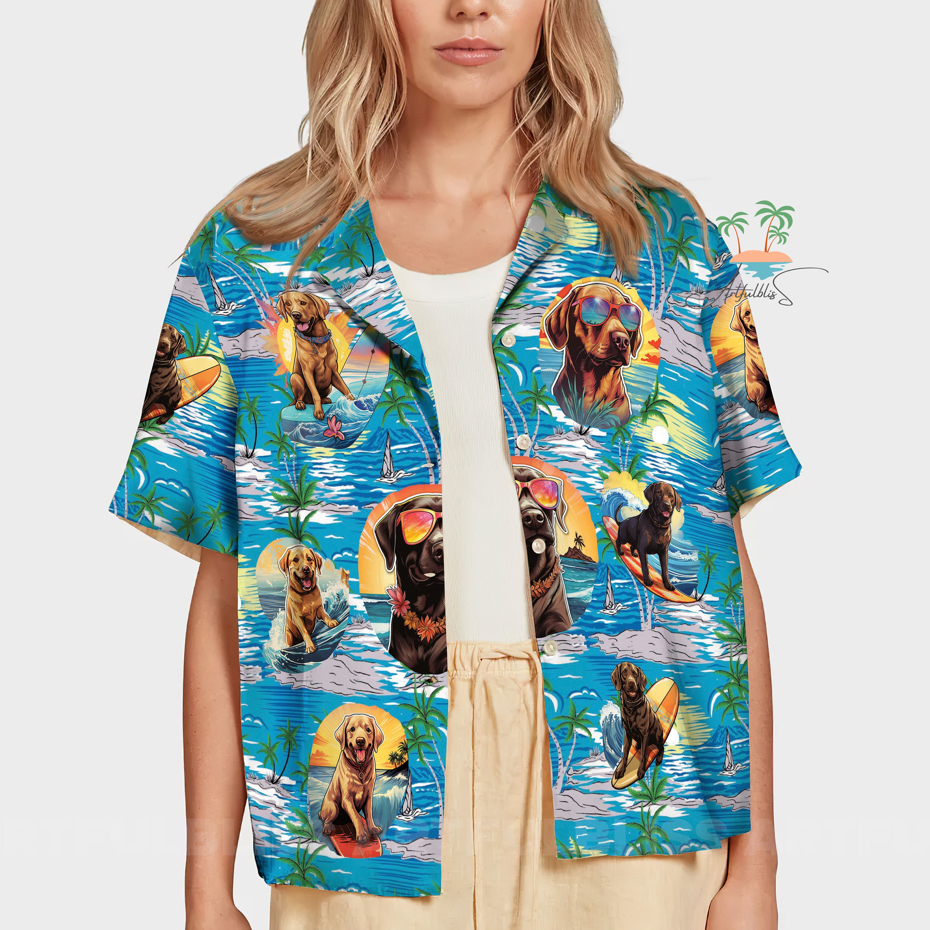 Funny Labrador Teal Hawaiian Shirt, Surfing Dog Aloha Button Up Shirts ...