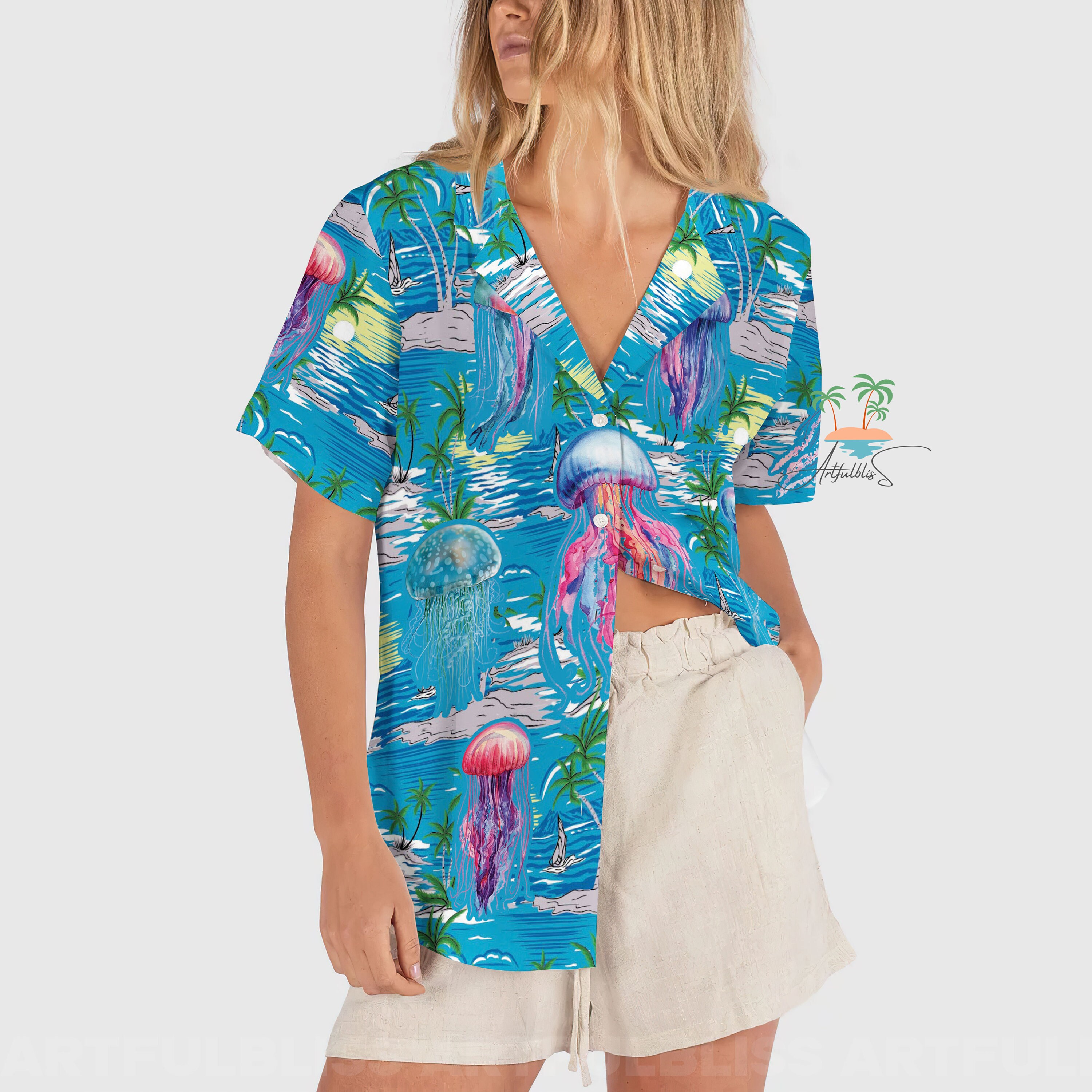 Jellyfish Teal Hawaiian Shirt, Tropical Hawaii Shirt sold by Nancy ...