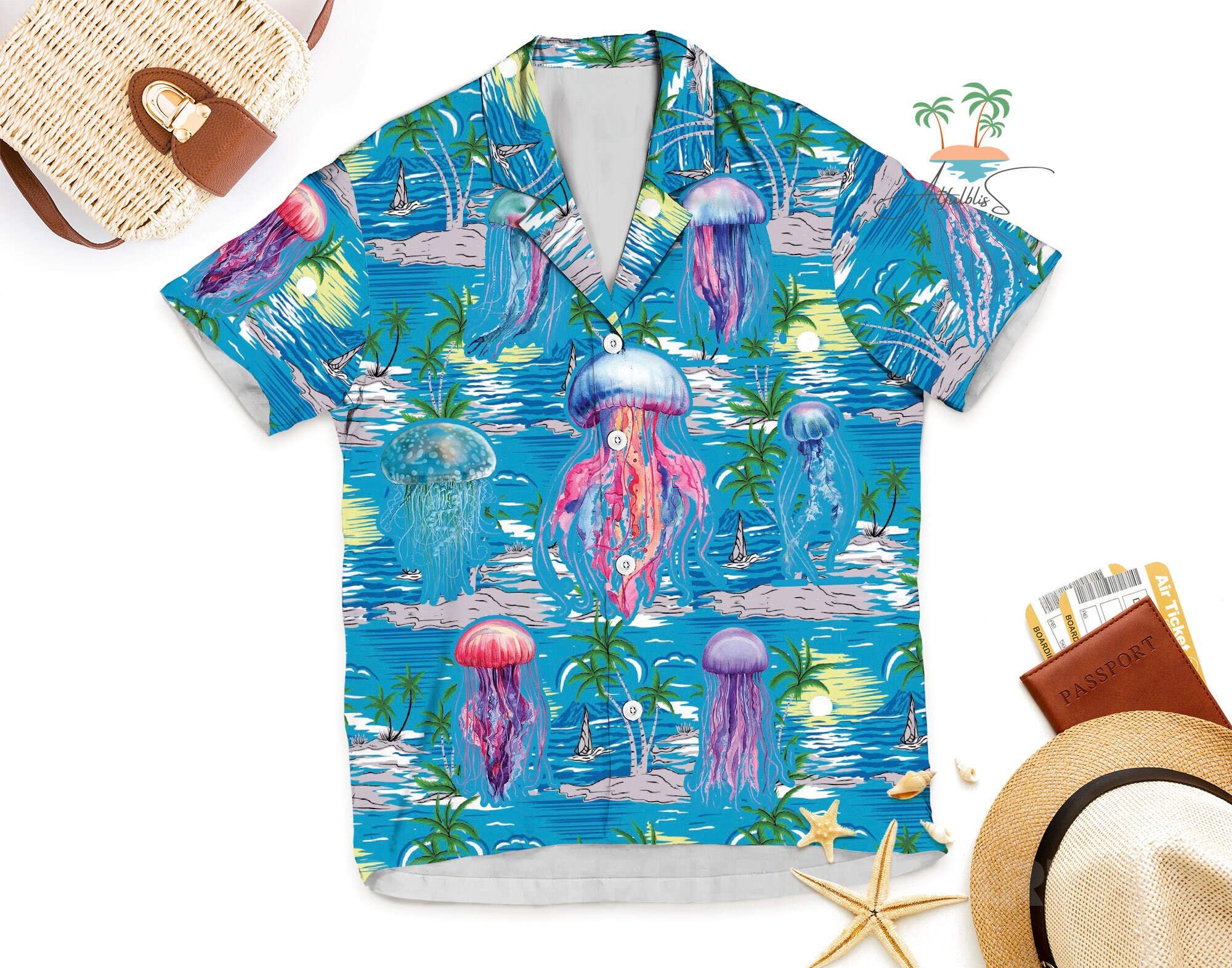 Jellyfish Teal Hawaiian Shirt, Tropical Hawaii Shirt sold by Nancy ...