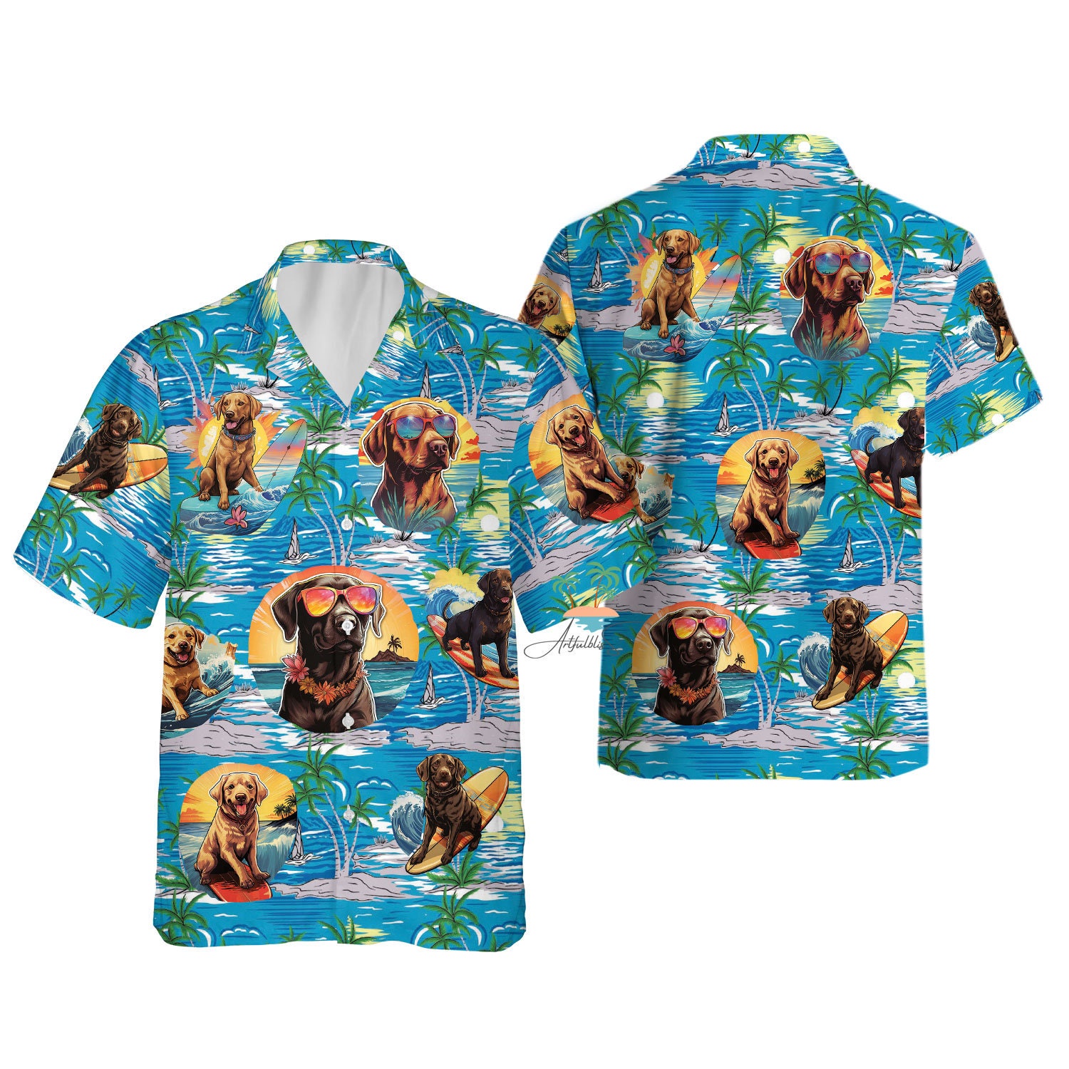 Funny Labrador Teal Hawaiian Shirt, Surfing Dog Aloha Button Up Shirts ...