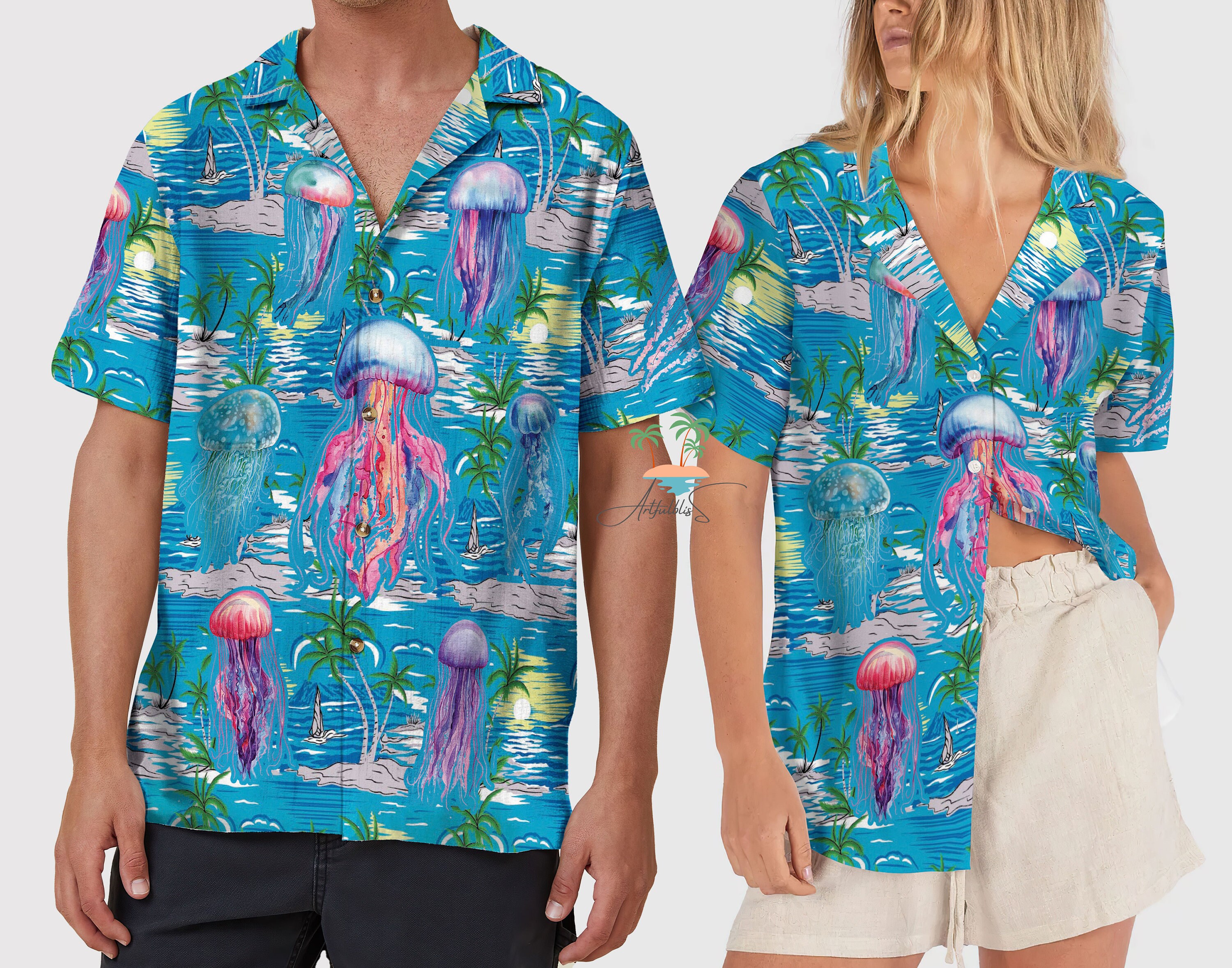 Jellyfish Teal Hawaiian Shirt, Tropical Hawaii Shirt sold by Nancy ...