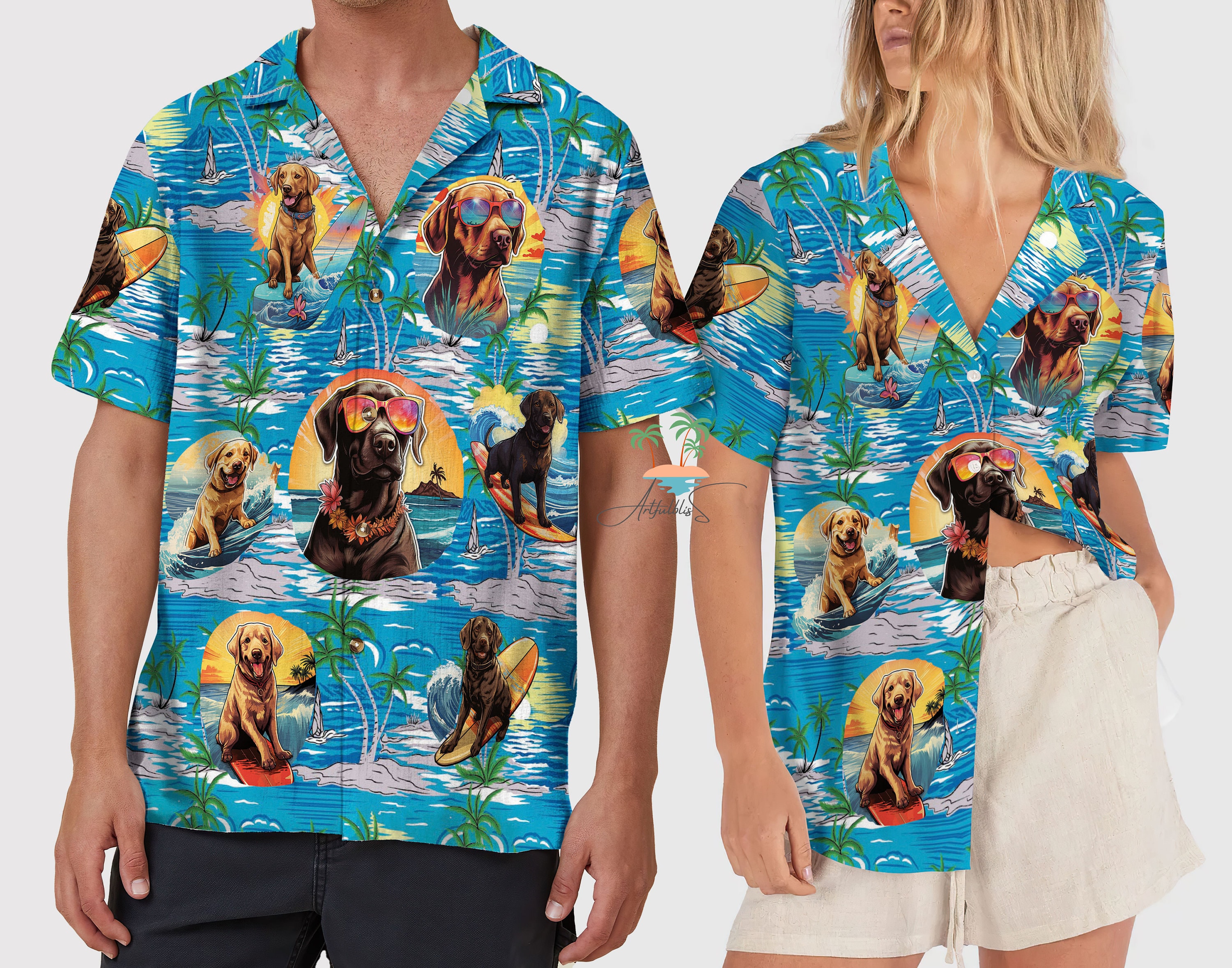 Funny Labrador Teal Hawaiian Shirt, Surfing Dog Aloha Button Up Shirts ...