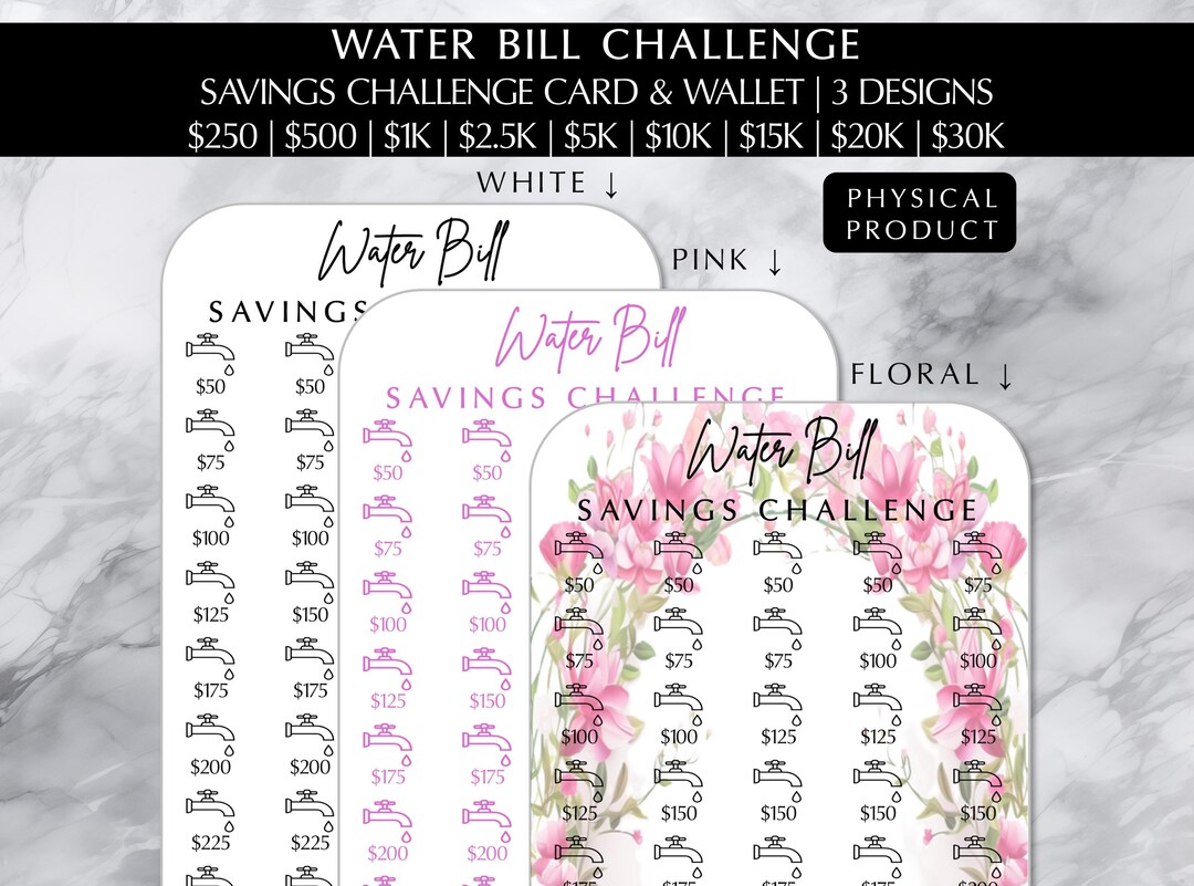 Water Bill Savings Challenge Card & Zip up Wallet | 250 up to 30,000 ...