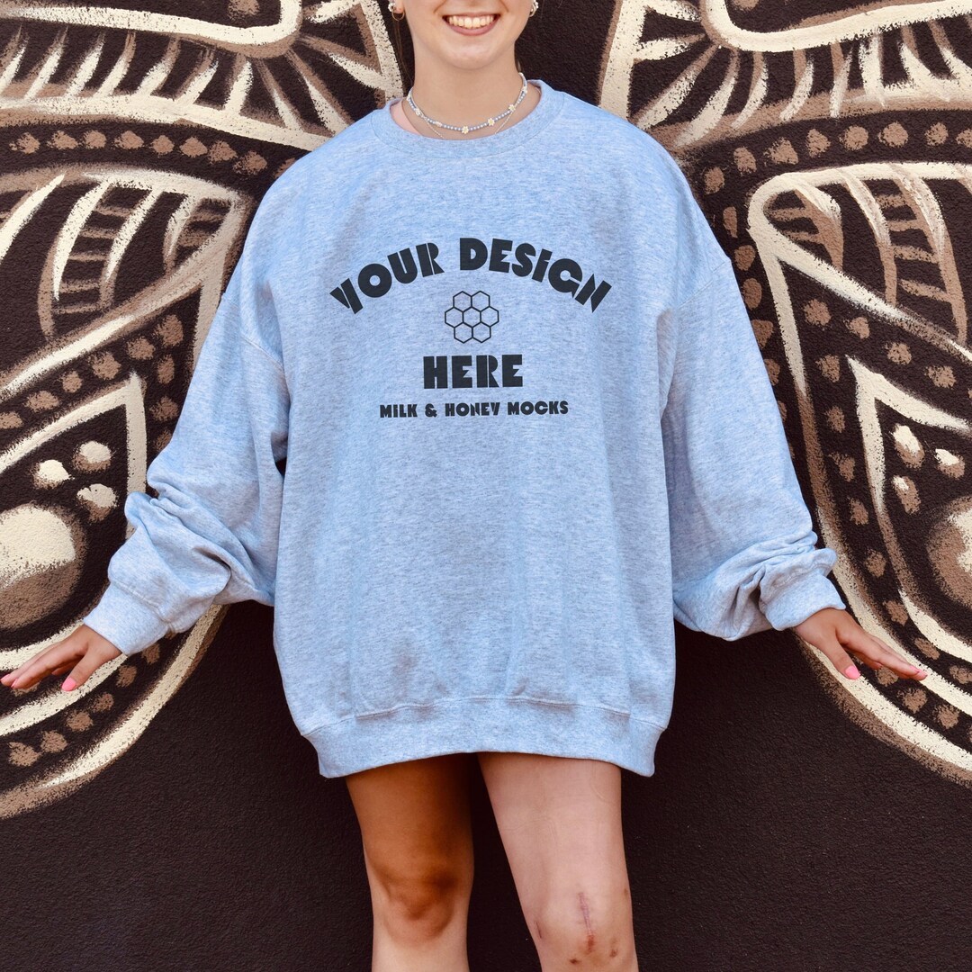 Gildan 18000 Ash Sweatshirt Mockup. Trendy Oversized Ash Sweatshirt ...