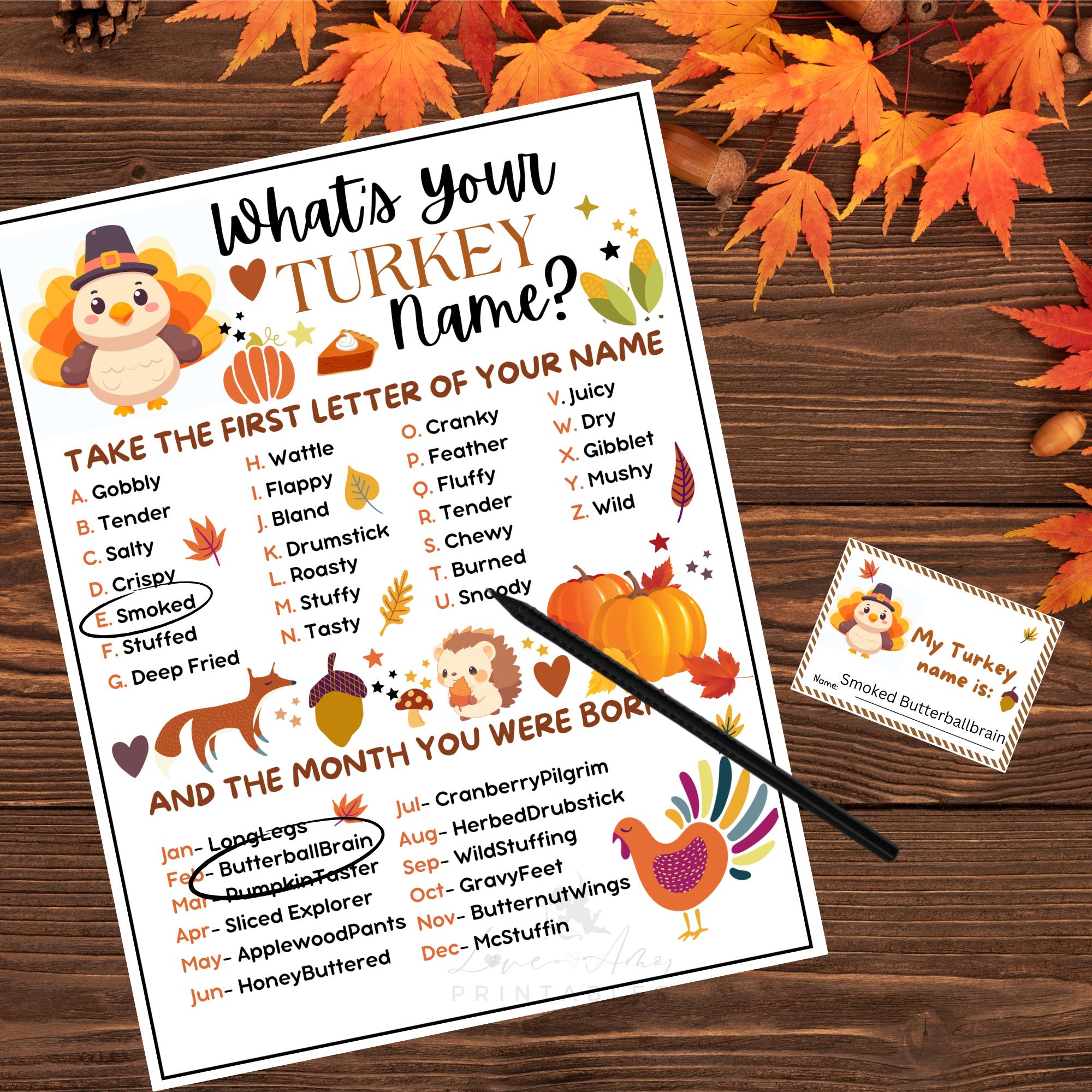 What's Your Turkey Name Game With Name Tags | Turkey Games ...