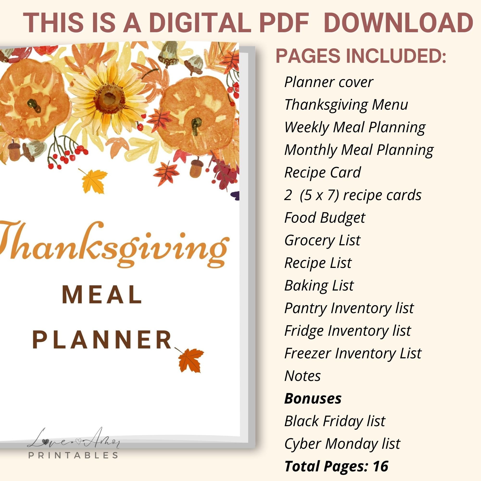 Meal Planner Printable, Thanksgiving Planner, Holiday Printable, Meal ...