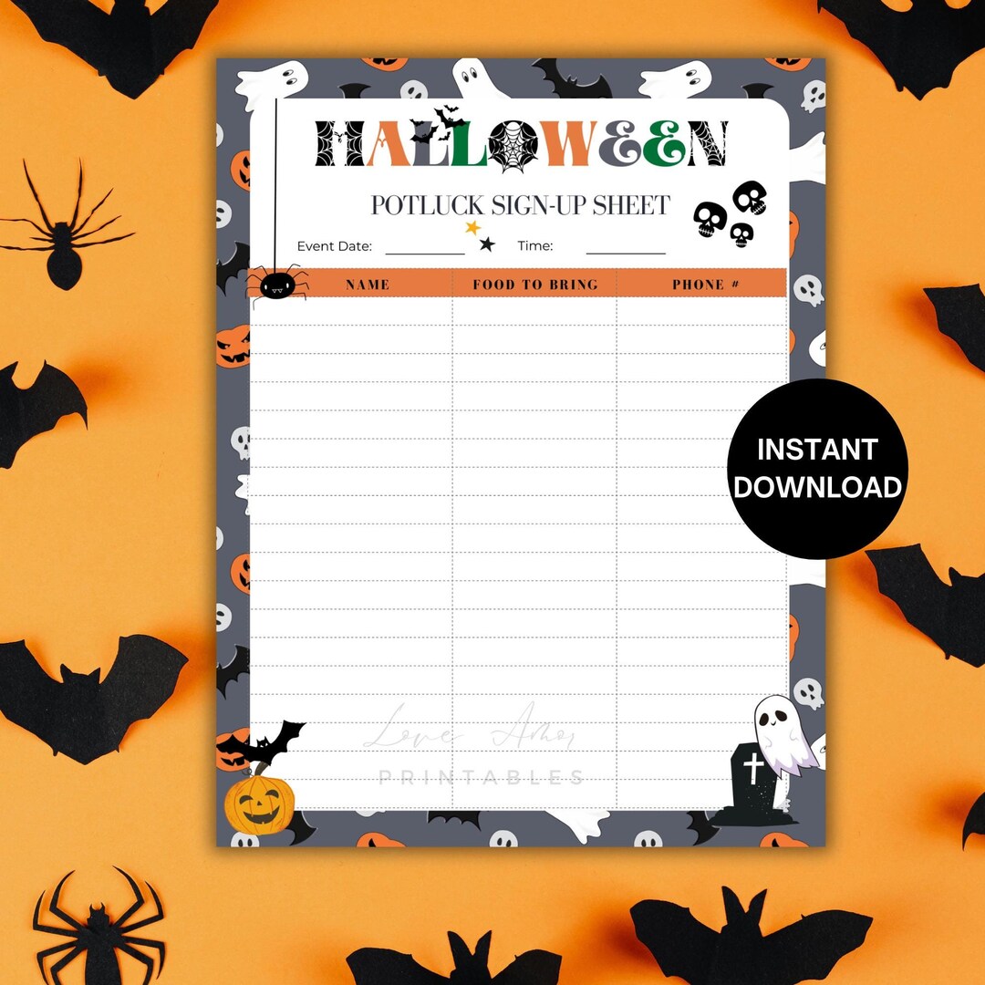 Halloween Potluck Sign up Sheet, Halloween Sign Up, Potluck Sign Up ...