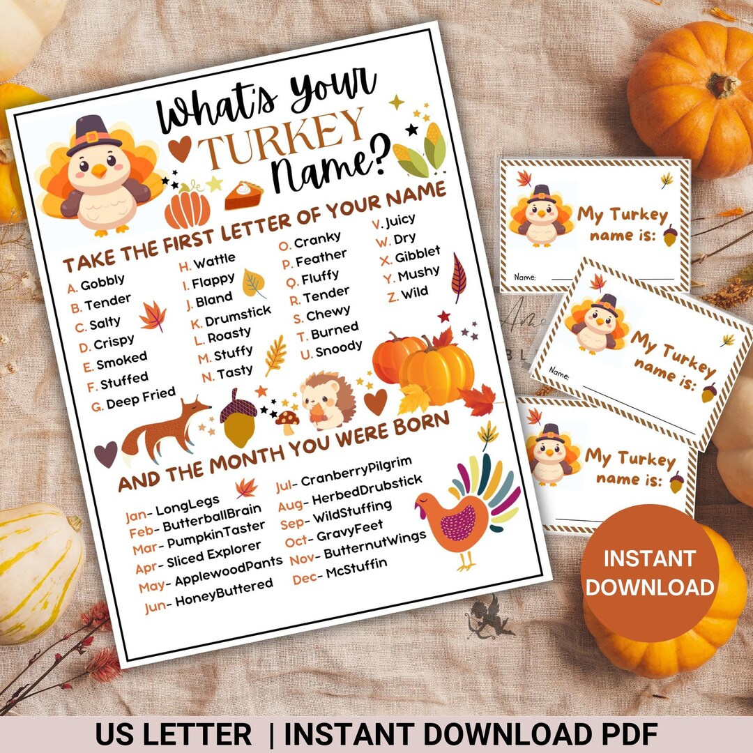 What's Your Turkey Name Game With Name Tags | Turkey Games ...