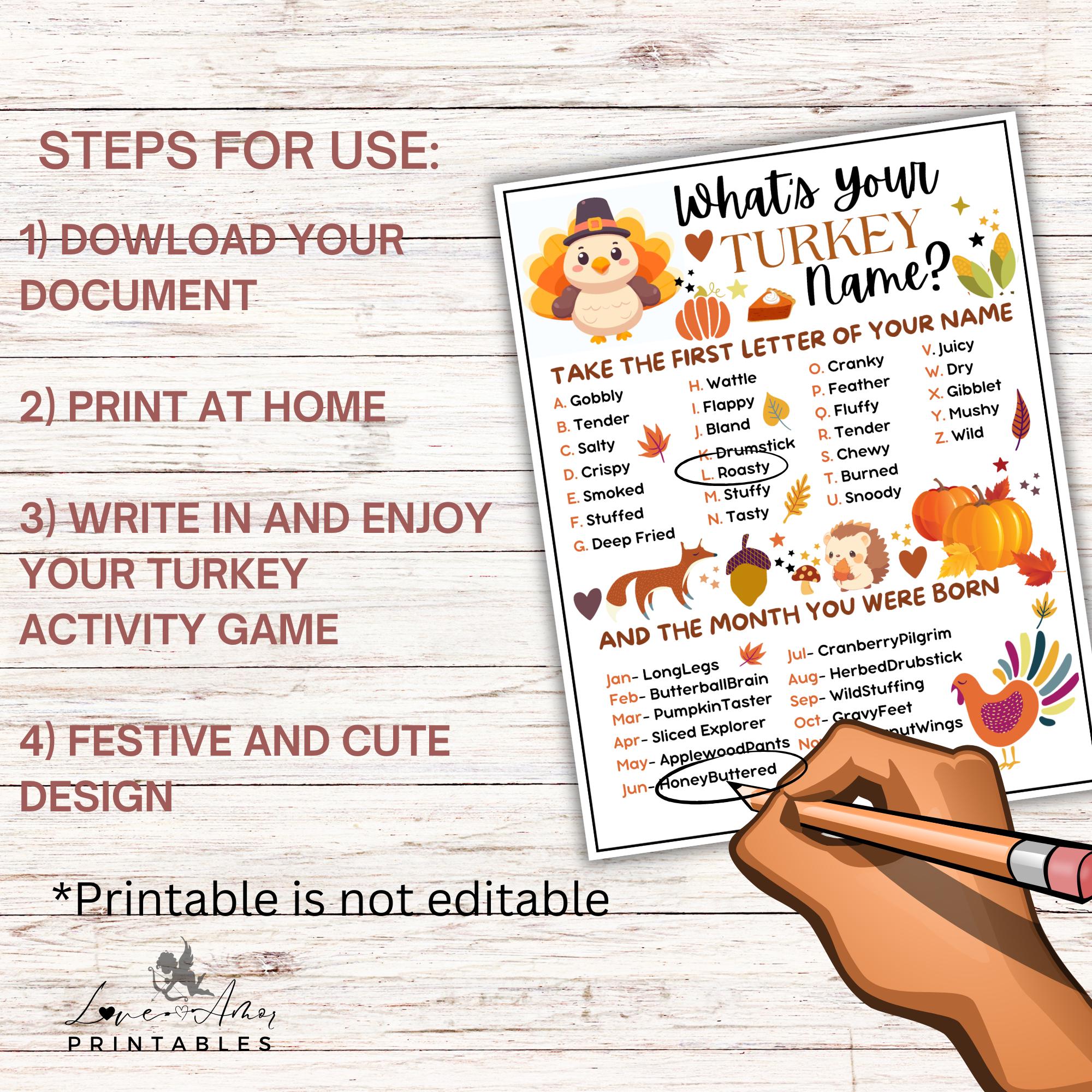 What's Your Turkey Name Game With Name Tags | Turkey Games ...
