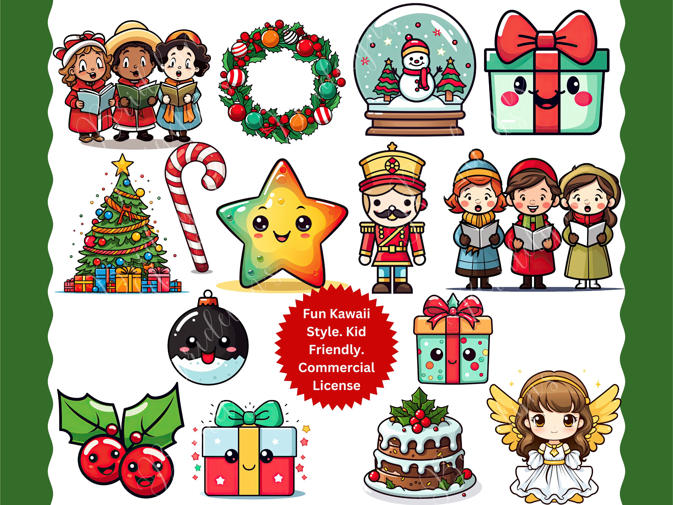 Cute Christmas Clipart Bundle, Kawaii Holiday Clipart, Kid-friendly ...