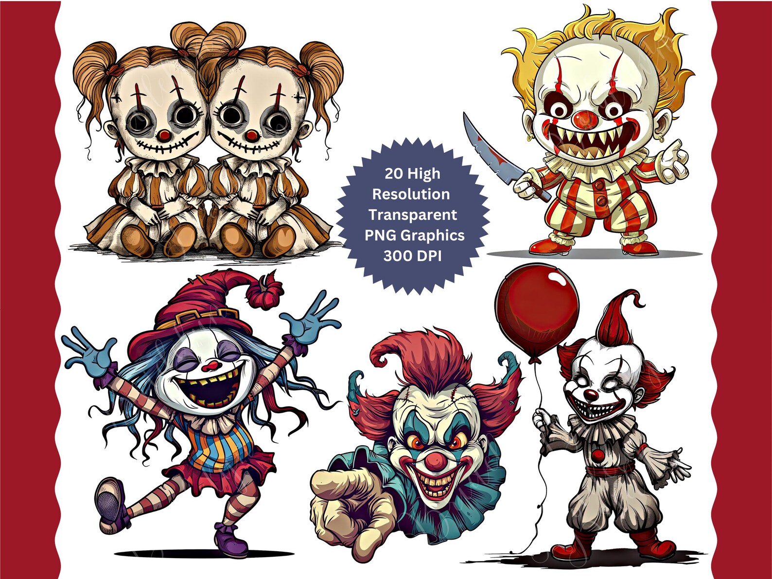 Creepy Clown Clipart Bundle, Spooky Clown PNG Images, Scary Clown ...