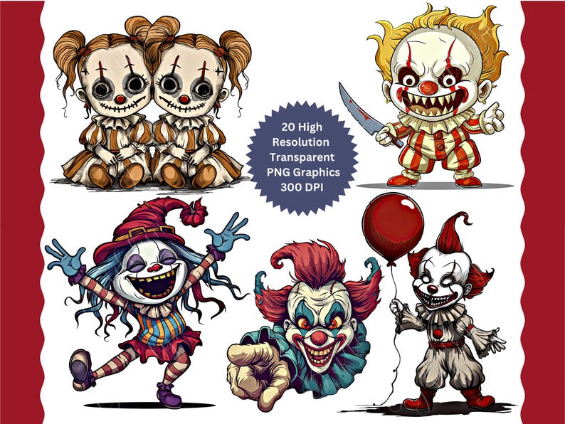Creepy Clown Clipart Bundle, Spooky Clown PNG Images, Scary Clown ...