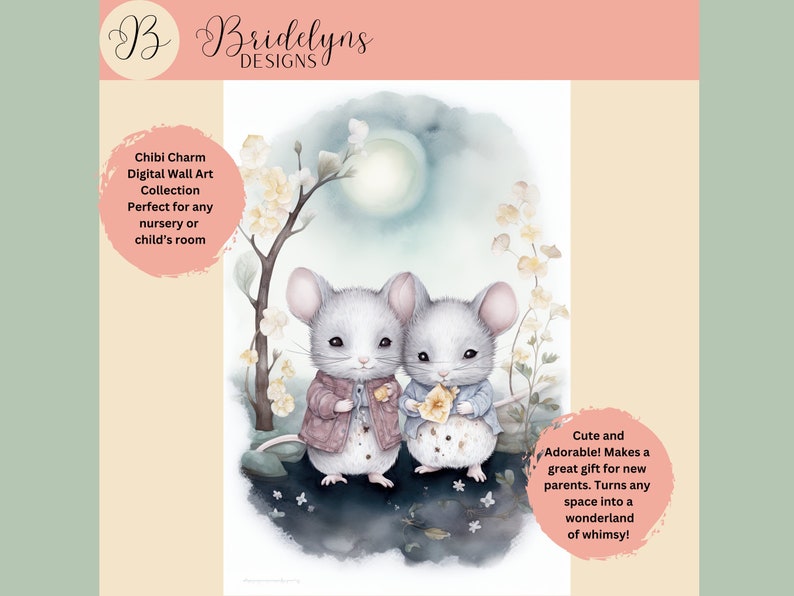 Chibi Digital Wall Art, Mouse Theme Nursery, Adorable Wall Decor ...