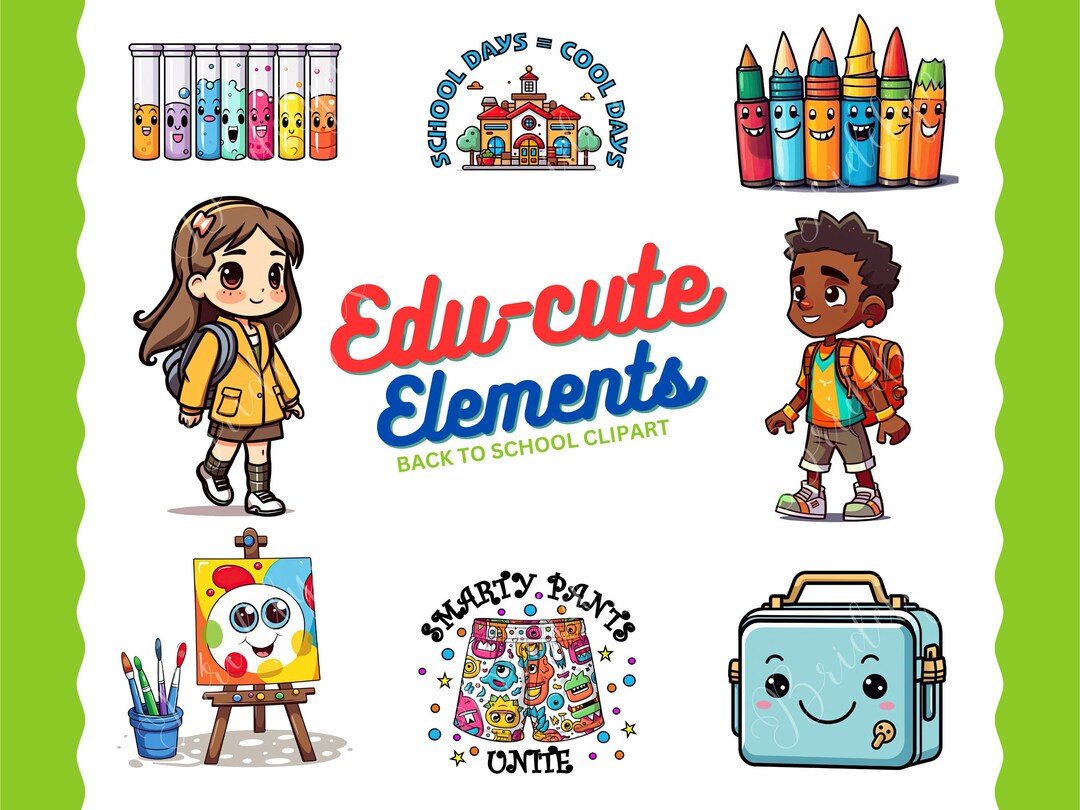 Cute Back to School Clipart, Kawaii Classroom Graphics, Digital School ...