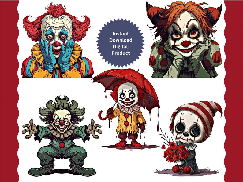 Creepy Clown Clipart Bundle, Spooky Clown PNG Images, Scary Clown ...