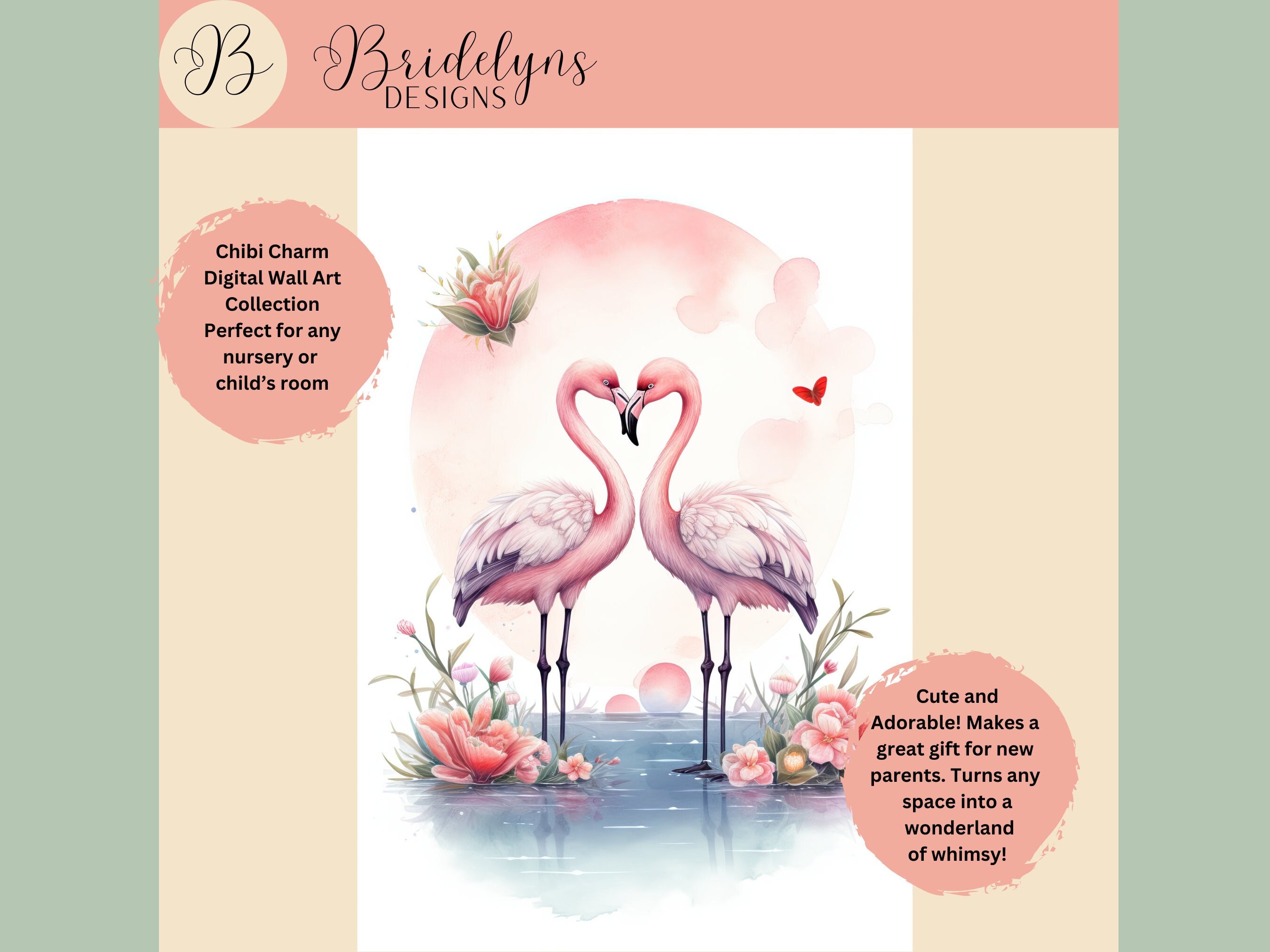 Chibi Digital Wall Art, Flamingo Theme Nursery, Adorable Wall Decor ...