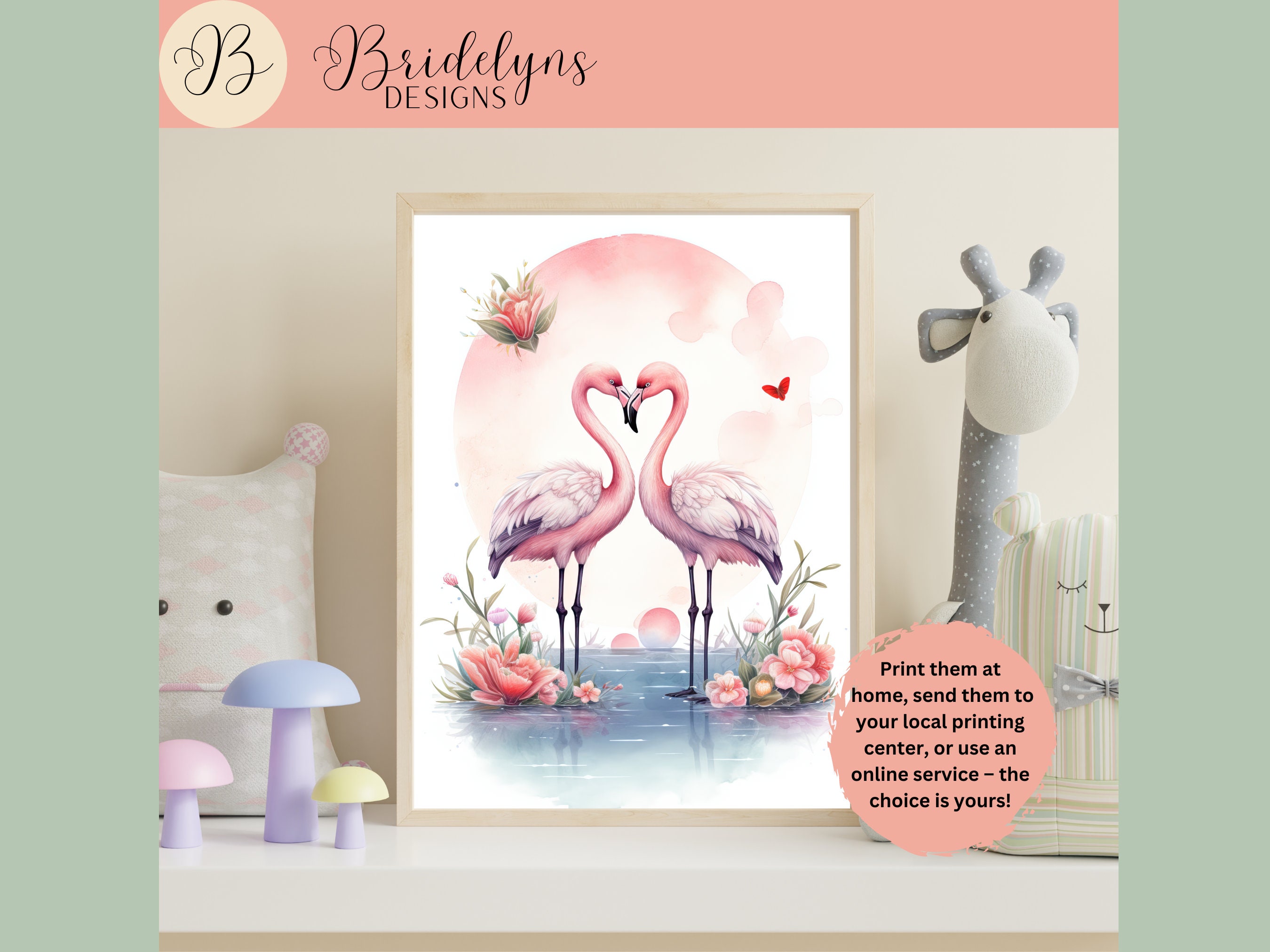 Chibi Digital Wall Art, Flamingo Theme Nursery, Adorable Wall Decor ...