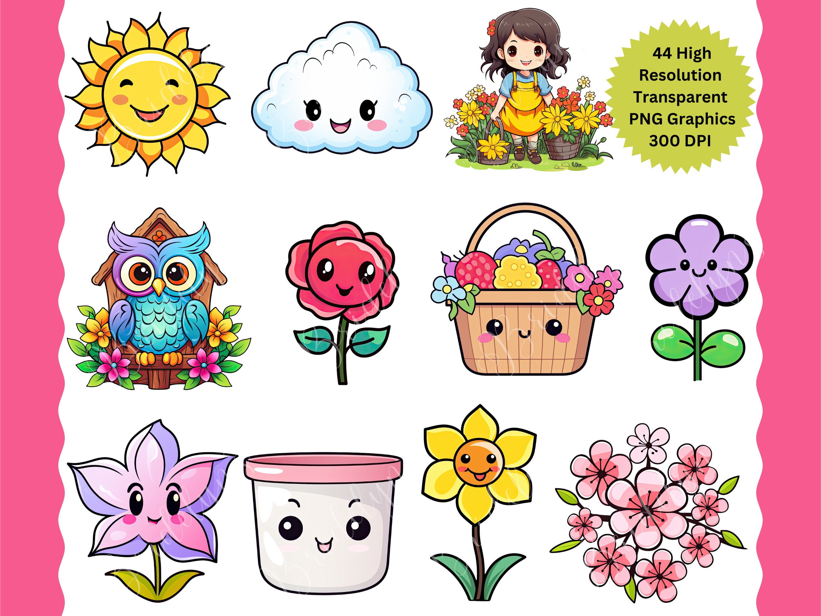 Cute Spring Clipart Bundle, Kawaii Spring Clipart, Flower Clipart ...