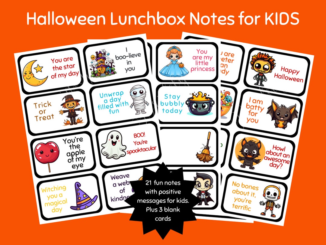 Halloween Lunchbox Notes for Kids, Printable Lunch Messages, Kawaii ...