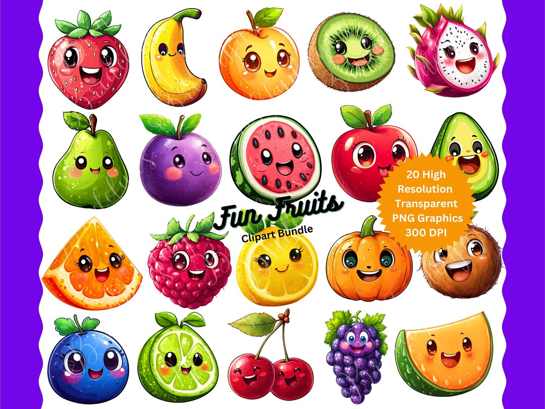Kawaii Fruit Clipart Bundle, Cute Fruit PNG Images for DIY Projects ...