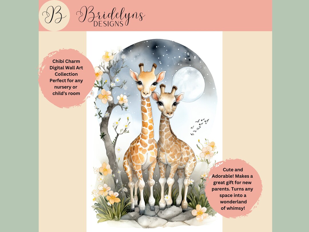 Chibi Digital Wall Art, Giraffe Theme Nursery, Adorable Wall Decor ...