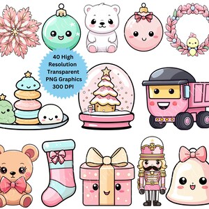 Cute Pastel Christmas Clipart Bundle, Pink Kawaii Holiday Clipart ...