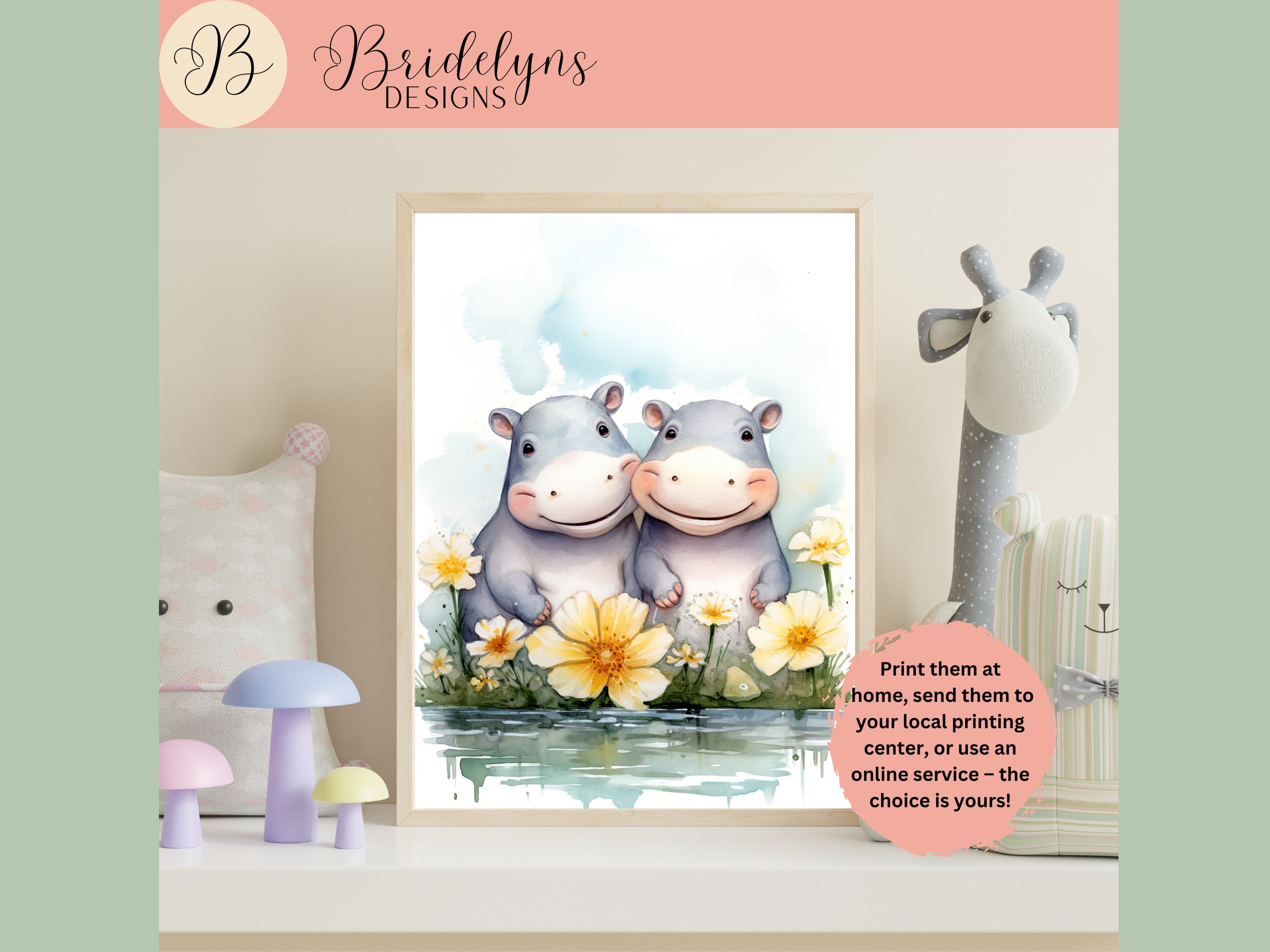 Chibi Digital Wall Art, Hippo Theme Nursery, Adorable Wall Decor ...
