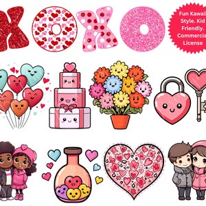 Valentines Clipart Bundle, Kawaii Valentine's Day Elements, Cute Love ...