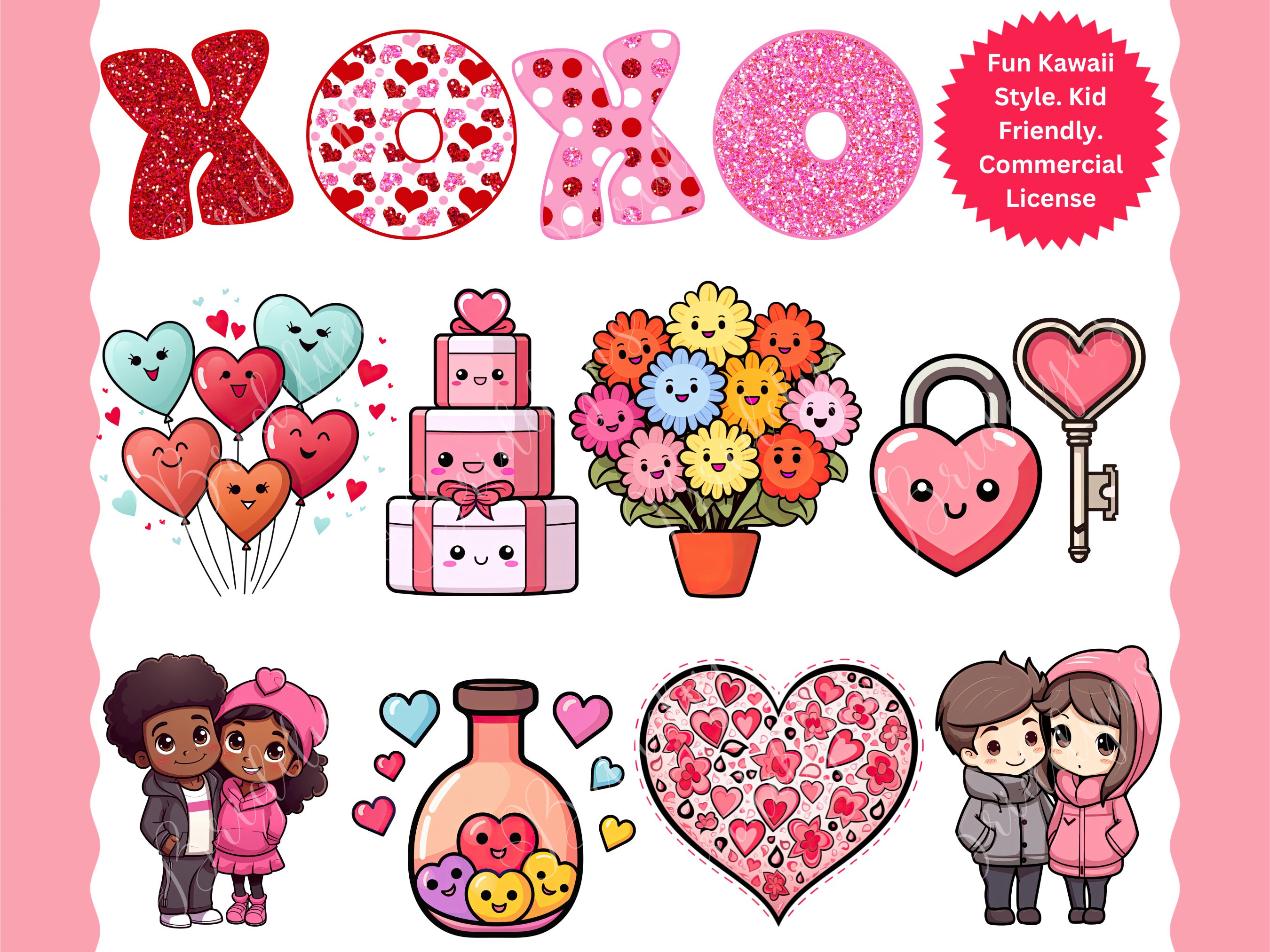 Valentines Clipart Bundle, Kawaii Valentine's Day Elements, Cute Love ...