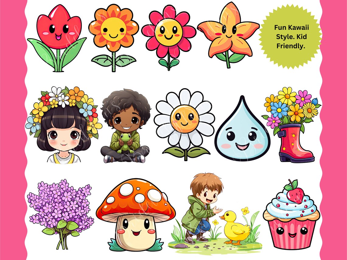 Cute Spring Clipart Bundle, Kawaii Spring Clipart, Flower Clipart ...