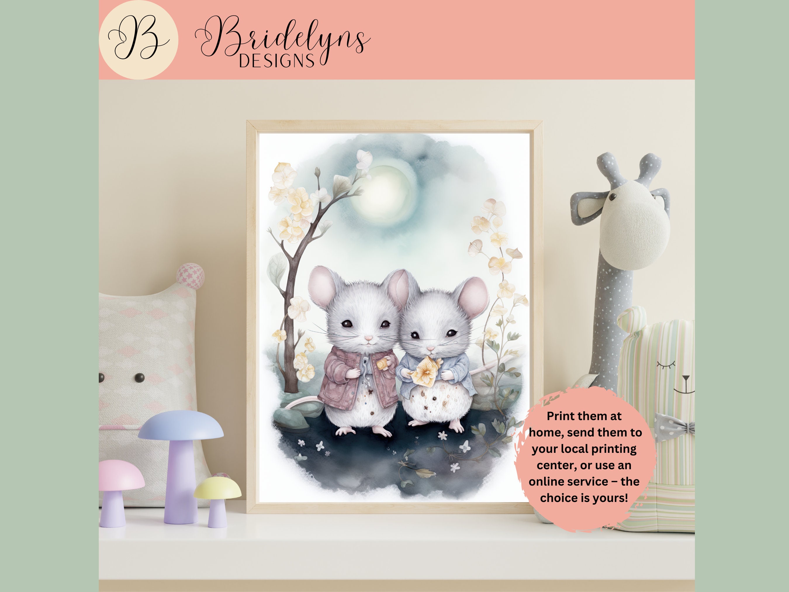 Chibi Digital Wall Art, Mouse Theme Nursery, Adorable Wall Decor ...
