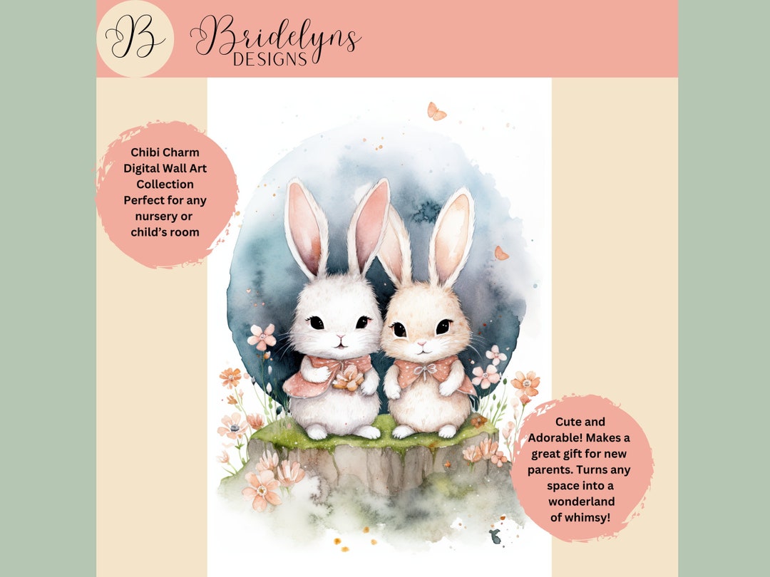 Chibi Digital Wall Art, Bunny Theme Nursery, Adorable Wall Decor ...