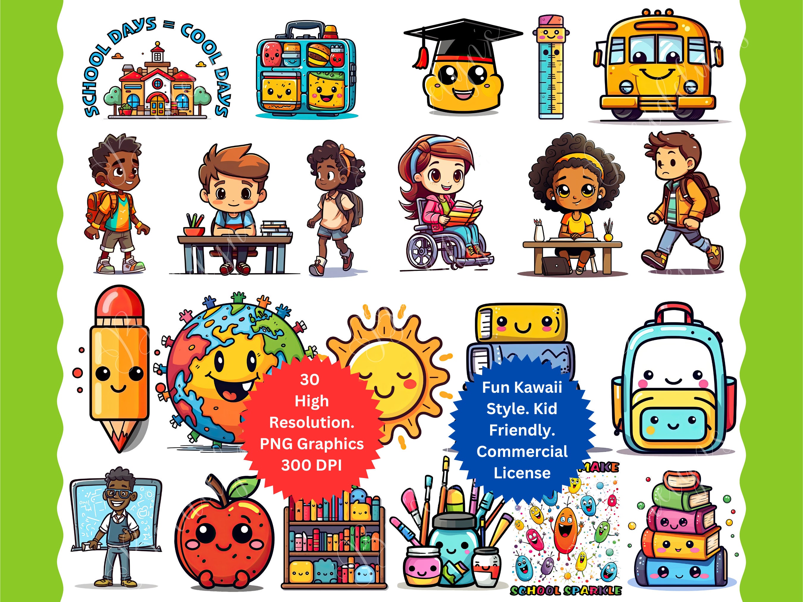 Cute Back to School Clipart, Kawaii Classroom Graphics, Digital School ...