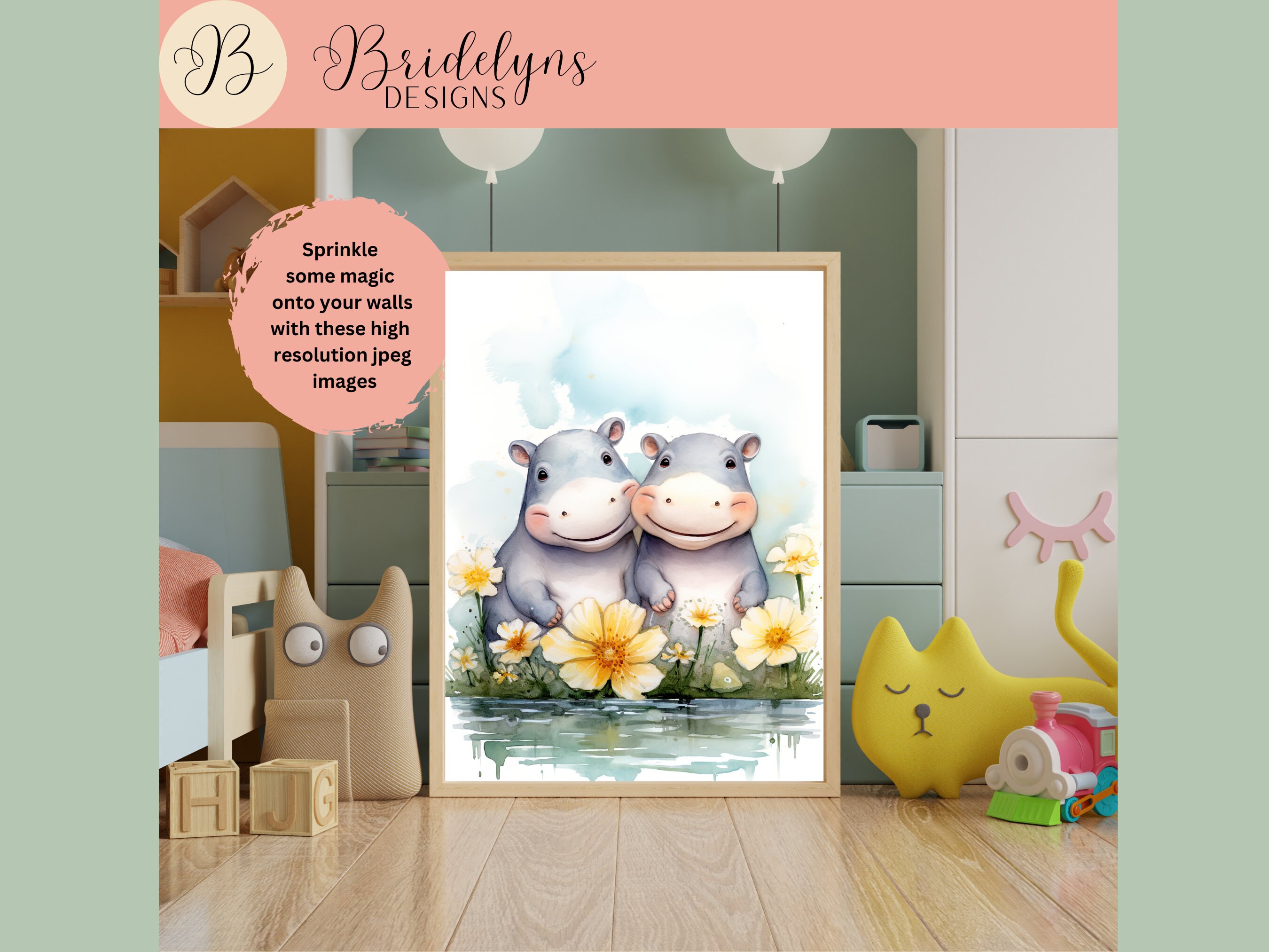 Chibi Digital Wall Art, Hippo Theme Nursery, Adorable Wall Decor ...