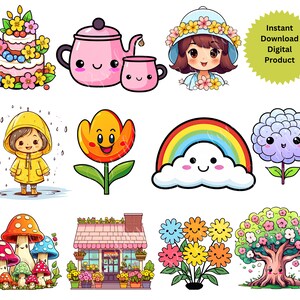Cute Spring Clipart Bundle, Kawaii Spring Clipart, Flower Clipart ...