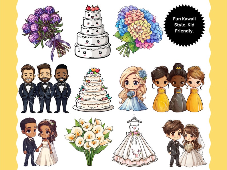 Cute Kawaii Wedding Clipart Bundle, Chibi Bride and Groom, Wedding ...