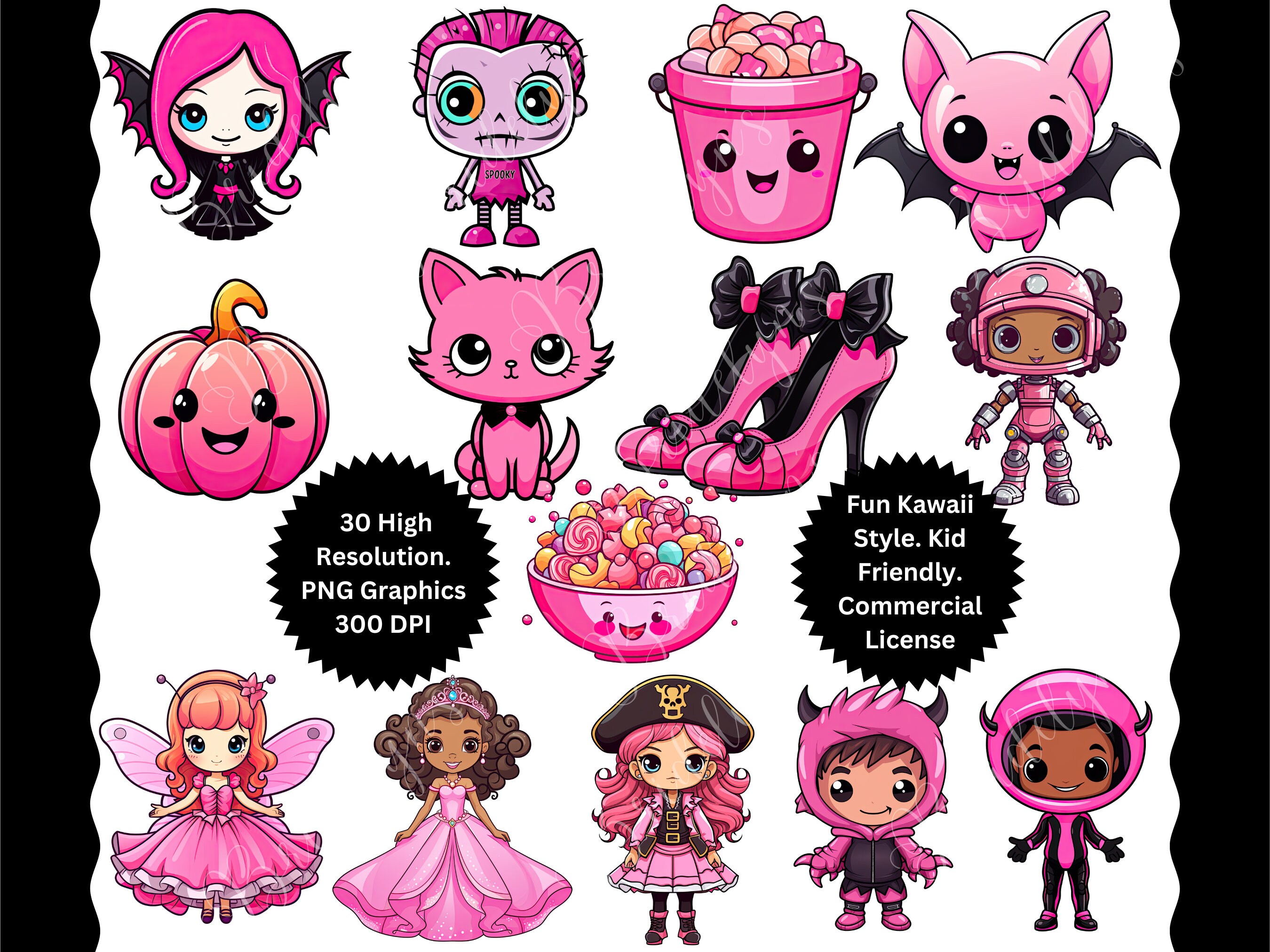 Cute Pink Halloween Clipart. Kawaii Spooky Pink Clipart, Girlie ...