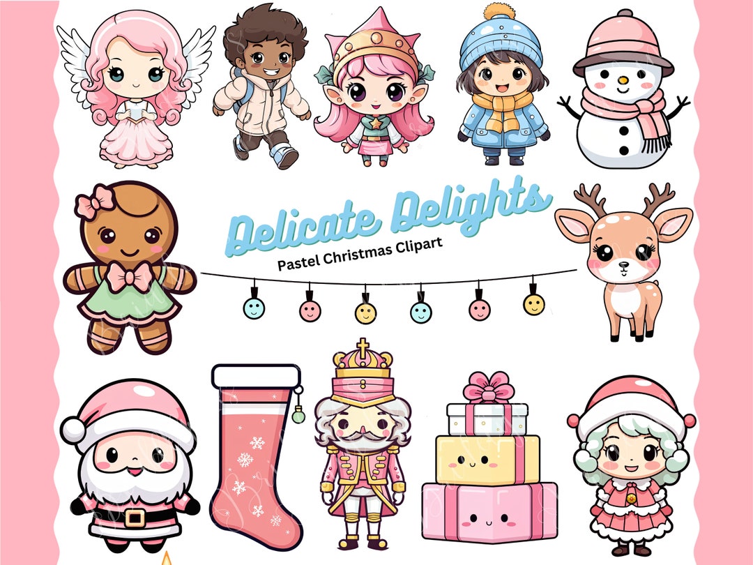 Cute Pastel Christmas Clipart Bundle, Pink Kawaii Holiday Clipart ...