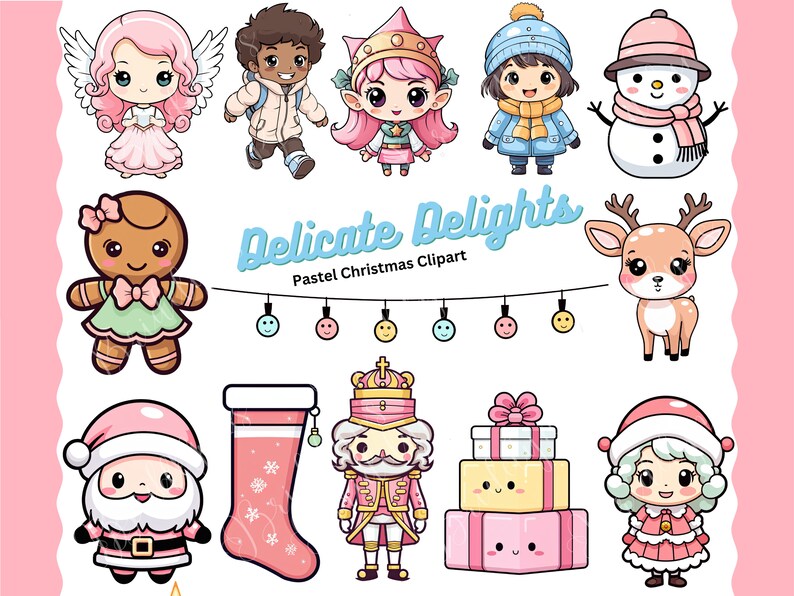 Cute Pastel Christmas Clipart Bundle, Pink Kawaii Holiday Clipart ...