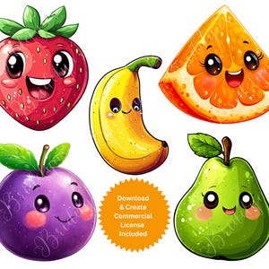 Kawaii Fruit Clipart Bundle, Cute Fruit PNG Images for DIY Projects ...