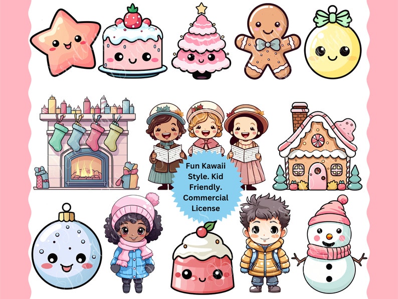 Cute Pastel Christmas Clipart Bundle, Pink Kawaii Holiday Clipart ...