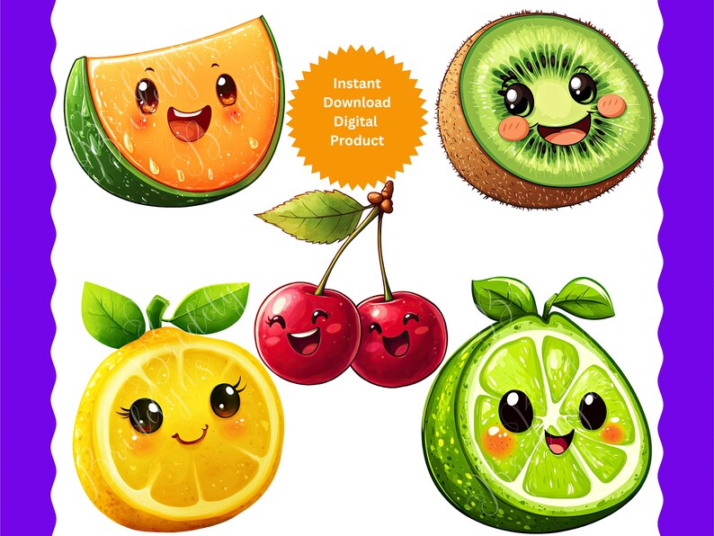 Kawaii Fruit Clipart Bundle, Cute Fruit PNG Images for DIY Projects ...