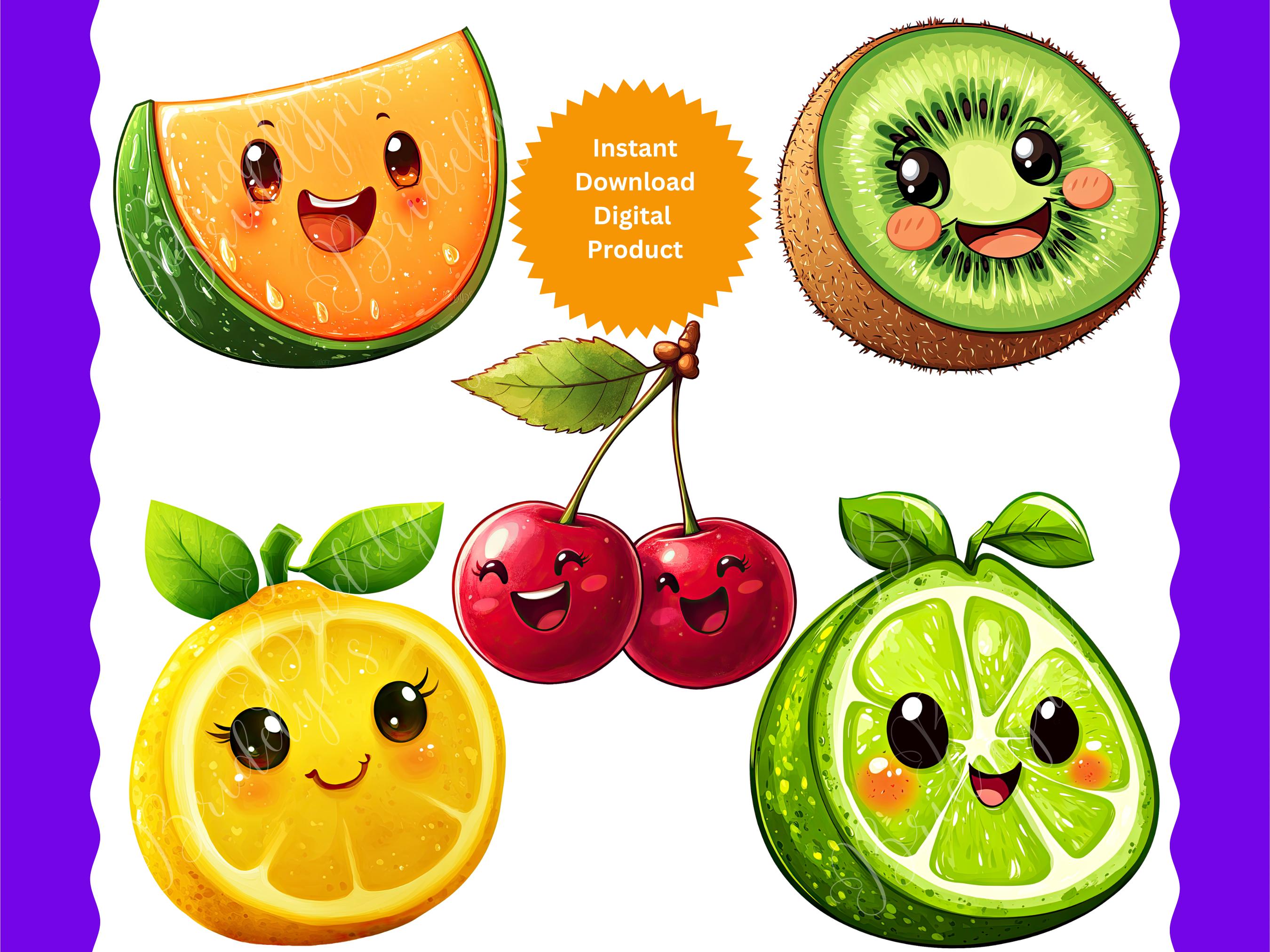 Kawaii Fruit Clipart Bundle, Cute Fruit PNG Images for DIY Projects ...