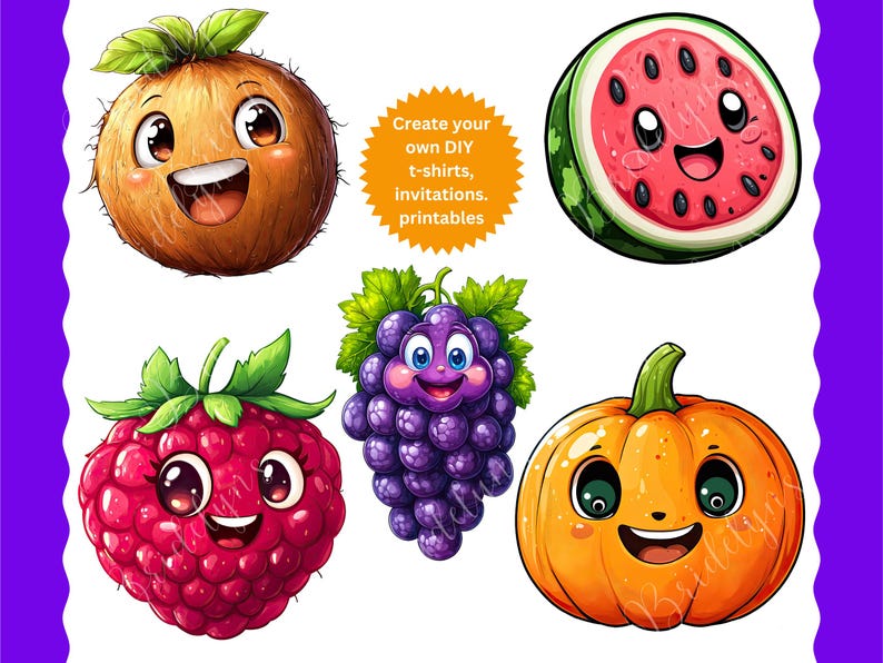 Kawaii Fruit Clipart Bundle, Cute Fruit PNG Images for DIY Projects ...